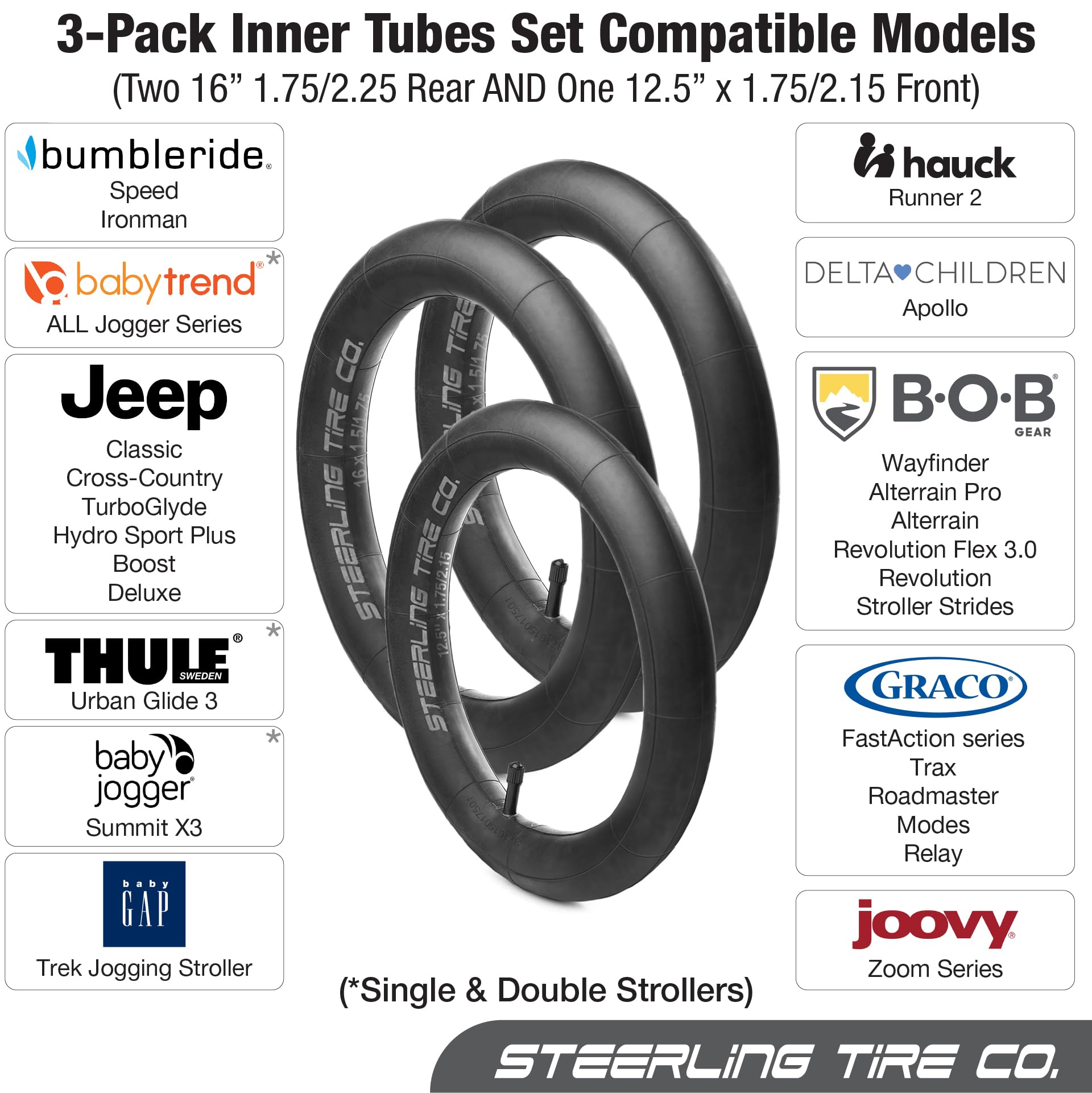 Two 16'' x 1.5/1.75 & One 12.5'' x 1.75/2.15 [3-Pack] Extra Thick Inner Tire Tube for BOB Revolution Strollers & Stroller Strides - Best BOB Stroller Tire Replacement Set by Steerling Tire Co.