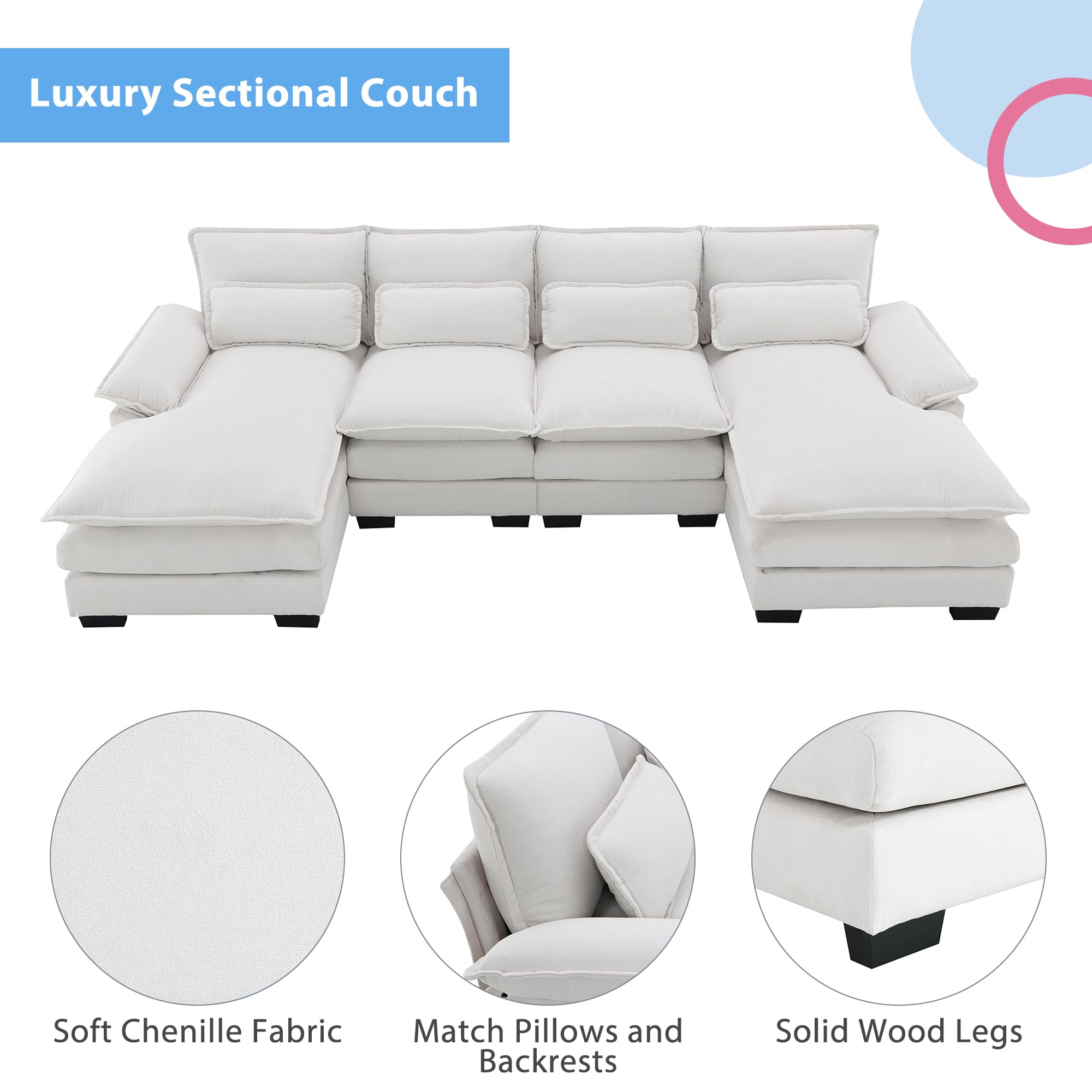 GNIXUU 109.8β Sectional Sofa Cloud Couch for Living Room, Modern Chenille Large Overstuffed U Shaped Couch, Comfy Modular Sofa Sleeper with Double Chaise & Cushions(White)