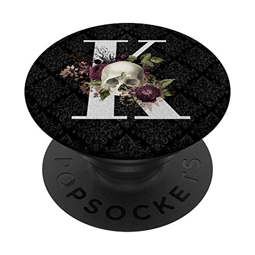 Skull and Roses Gothic Horror Monogram with Letter K Initial PopSockets PopGrip: Swappable Grip for Phones & Tablets