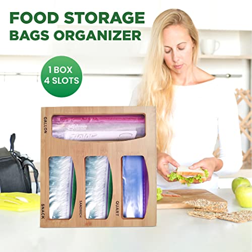Bamboo Bag Organizer for Drawer and Wall , Sandwich Bag Organizer Bundled with Baggie Holder , 4 Slots Food Storage Bag Holder , Baggie Organizer Set , Natural Bag Storage Organizer with Black Labels
