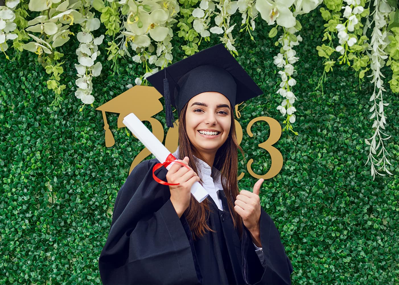 Aperturee Class of 2023 Graduation Photography Backdrop 7x5ft Green Leaves Wall Prom Congrats Grad Bachelor Cap Spring Still Life Grass Leaf Background Party Decorations Photo Studio Booth Prop Banner