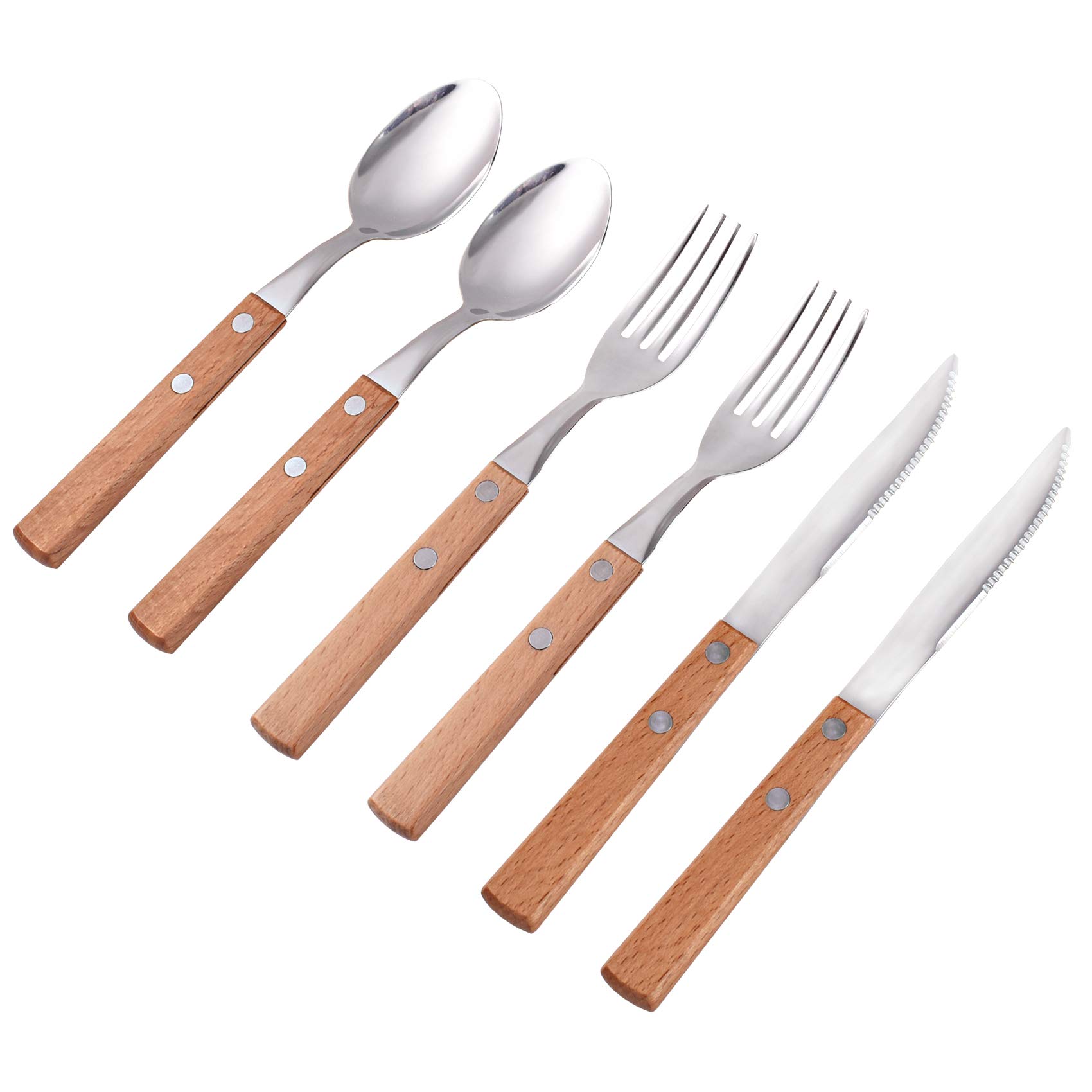 Lnrkai Cutlery Sets of 6, Dinner Spoons, Knife and Fork Set, Stainless Steel with Wooden Wide Handles, Flatware Set Tableware Dinnerware, Service for 2 Adult