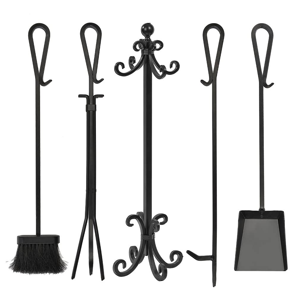 AMAGABELI GARDEN & HOME 5 Pieces Fireplace Tools Set Black Cast Wrought Iron Tool Set with Log Holder Fire Set Stand Scroll Rustic Antique Accessories Set