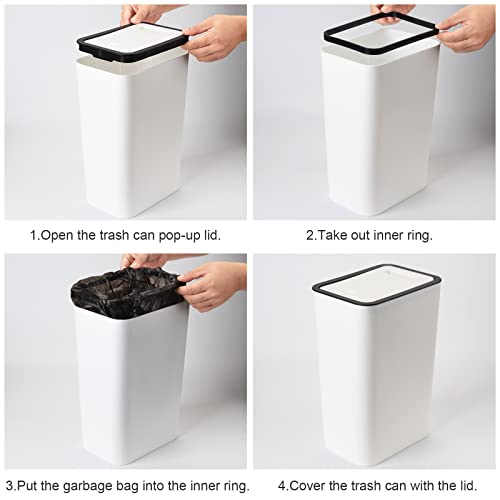 Anzoymx Bathroom Trash Cans with Lids 2 Pack Kitchen Garbage Can 4 Gallons with Pop Up Lid,Small Narrow Waste Basket Dog Proof for Bathroom Kitchen Bedroom Living Room and Office(15L,White)