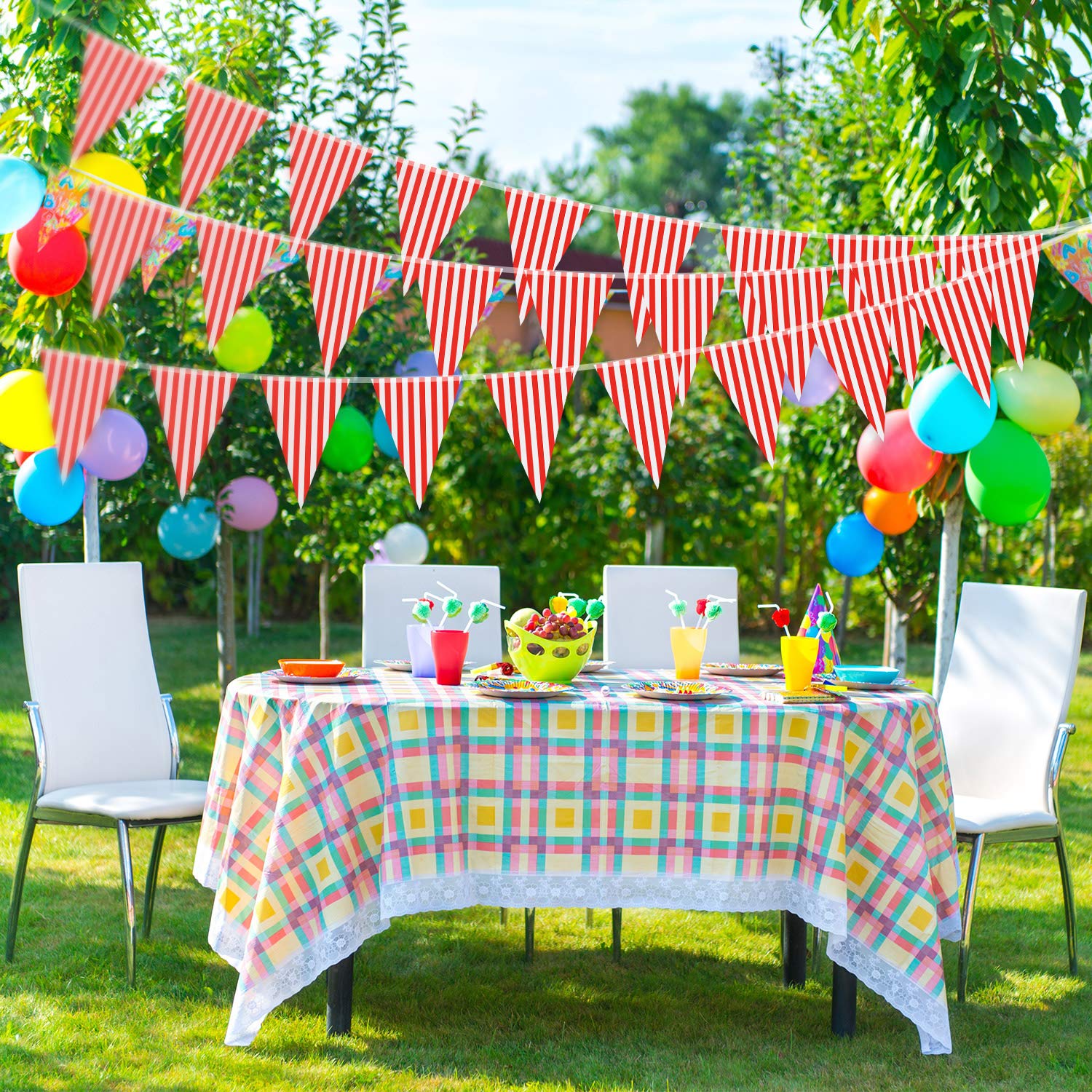 5 Packs Carnival Circus Party Decorations Supplies, Circus Carnival Bunting Banner, Red and White Pennant Banner Triangle Bunting Flag for Carnival Birthday Party, 7.4 x 10.8 Inch