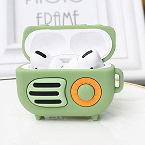 Protective Soft Silicone Cartoon Radio Funny Case for AirPods Pro Cute Fashion Shockproof Cool Design Skin Case with Ring Carabiner(Green)