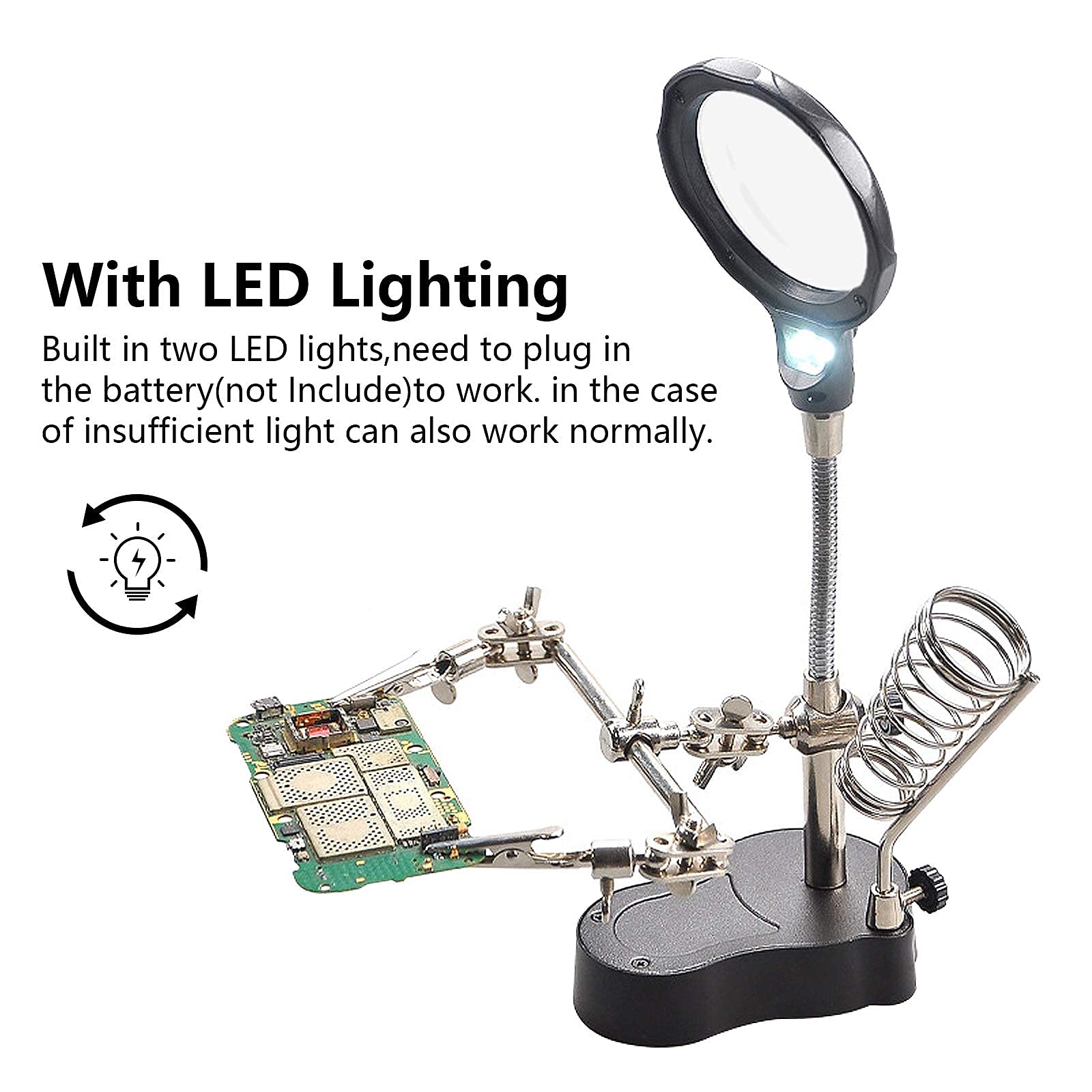 mlogiroa Helping Hands Soldering Station, 3.5X 12X Magnifying Glass LED Lighted Magnifier with Auxiliary Clips Alligator Clamp Repair Tools Kit for Soldering, Assembly, Miniatures