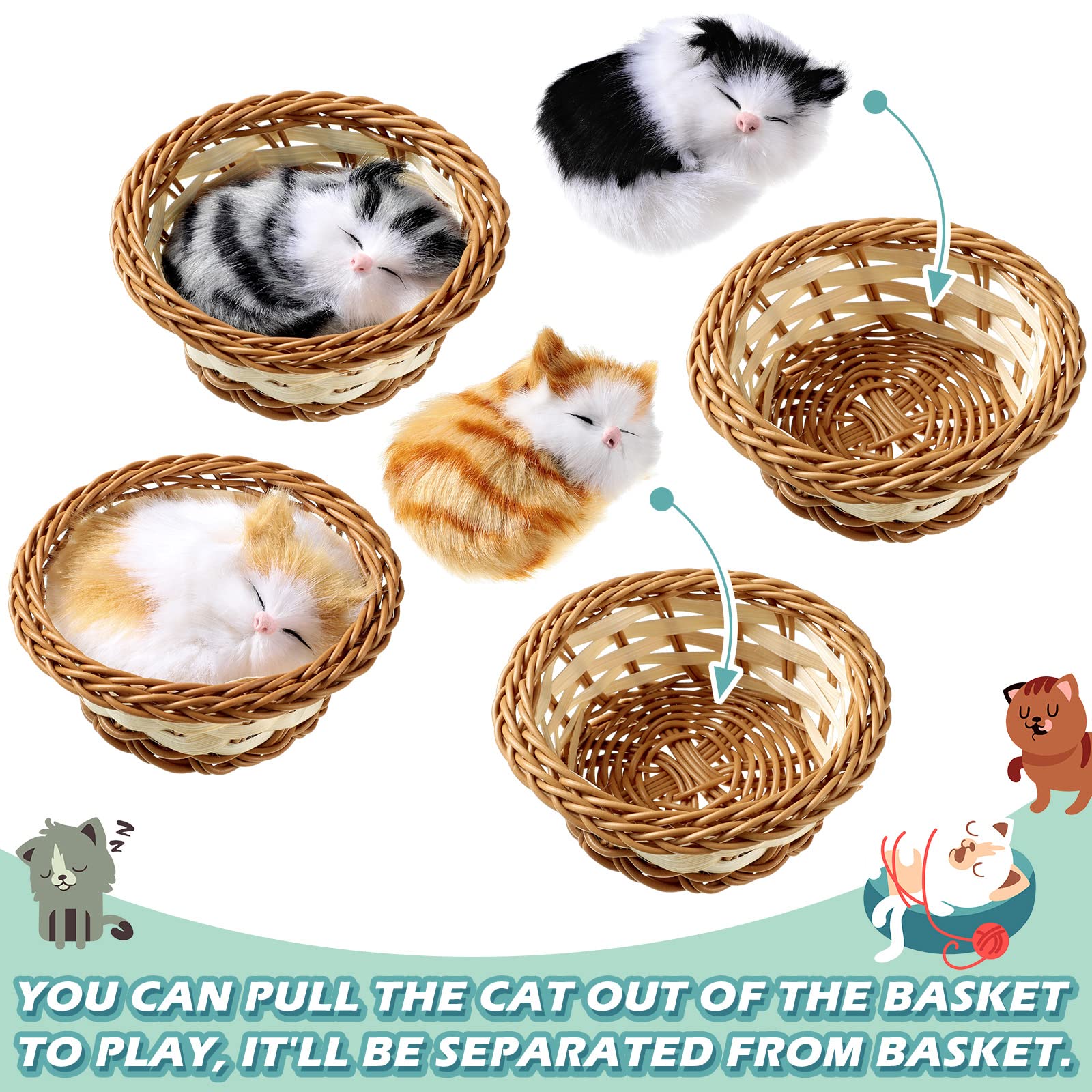 Civaner 4 Pcs Sleeping Cat in Basket Doll Toy Lovely Mini Kitten in Woven Realistic Fake Fluffy Hand Gift Plush Stuffed Decor with Meows Sounds for Office Desk Boys Girls