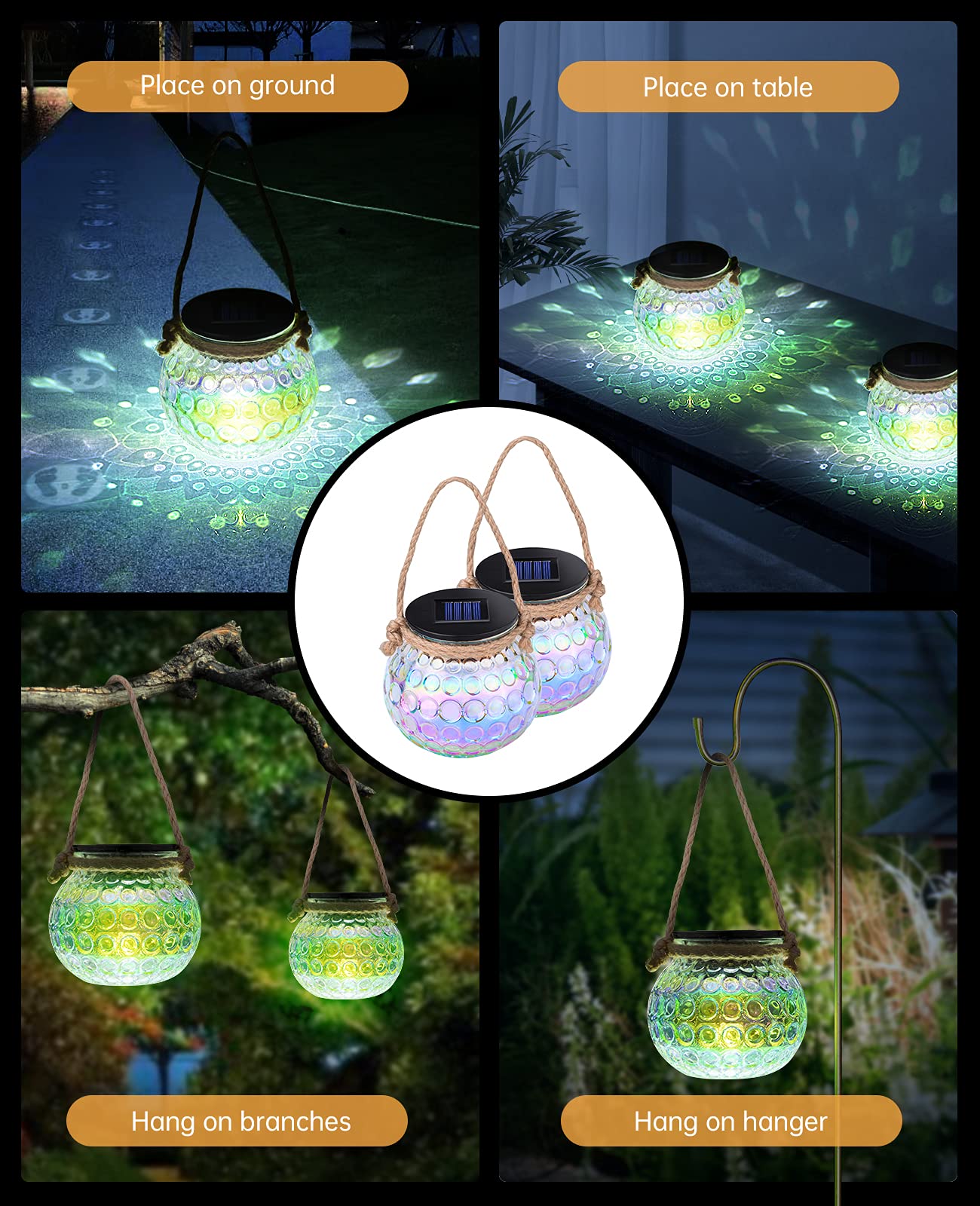 Beedove Solar Lantern, 2 Pack Outdoor Lantern Solar Lights, Waterproof Garden Patio Pathway Decor, Glass Lanterns Outdoor Decorative Hanging, Auto Turn ON/Off Garden Lights Decor for Yard Patio Lawn