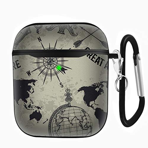 Slim Form Fitted Printing Pattern Cover Case with Carabiner Compatible with Airpods 1 and AirPods 2 / Pattern with Vintage Globe, Compass, World map and Wind Rose