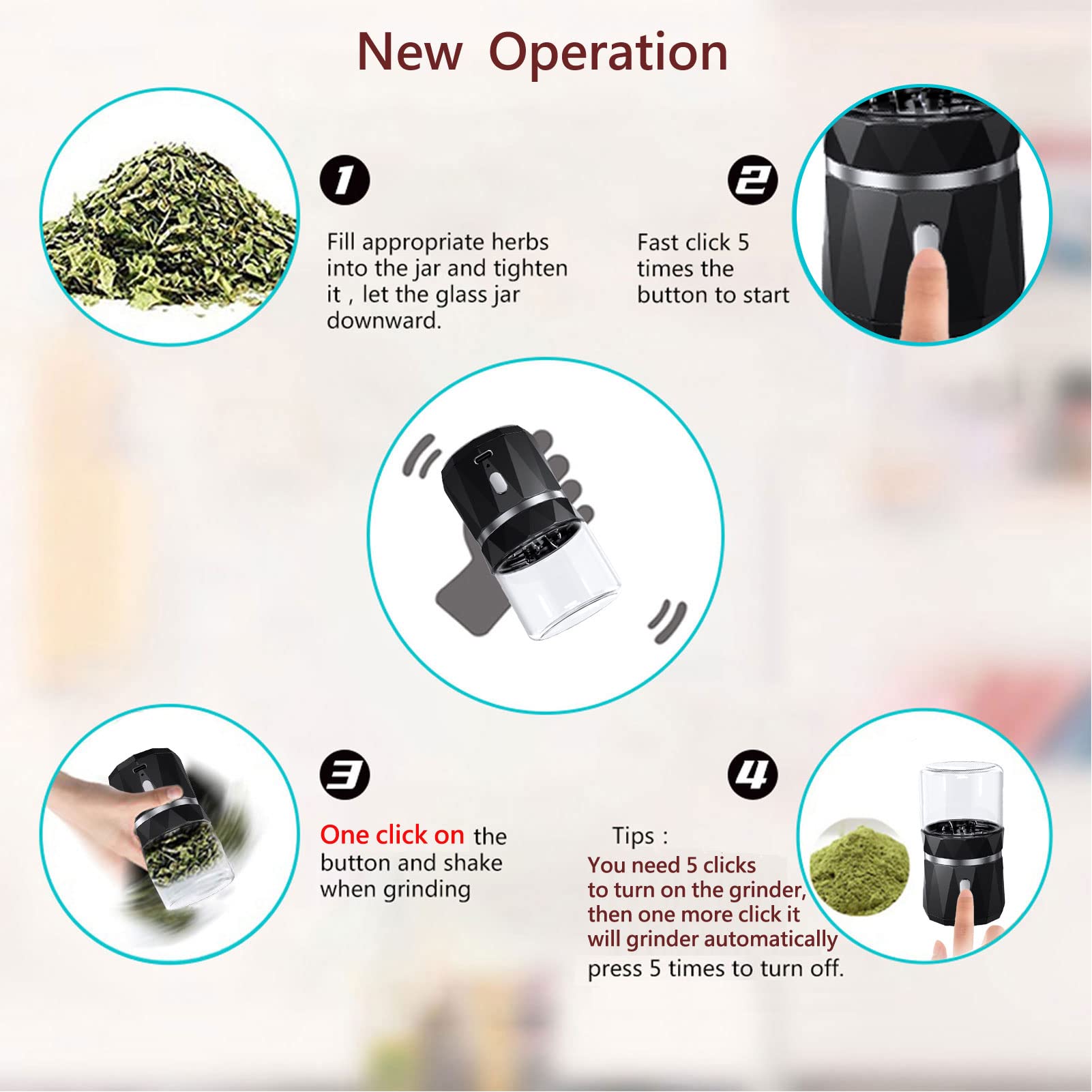 Electric Spice and Herb Grinder, Dry Herb Mini Electric Grinder Compact Herb Grinder with 1.7oz/50ml Herb Jar and Mini Spoon