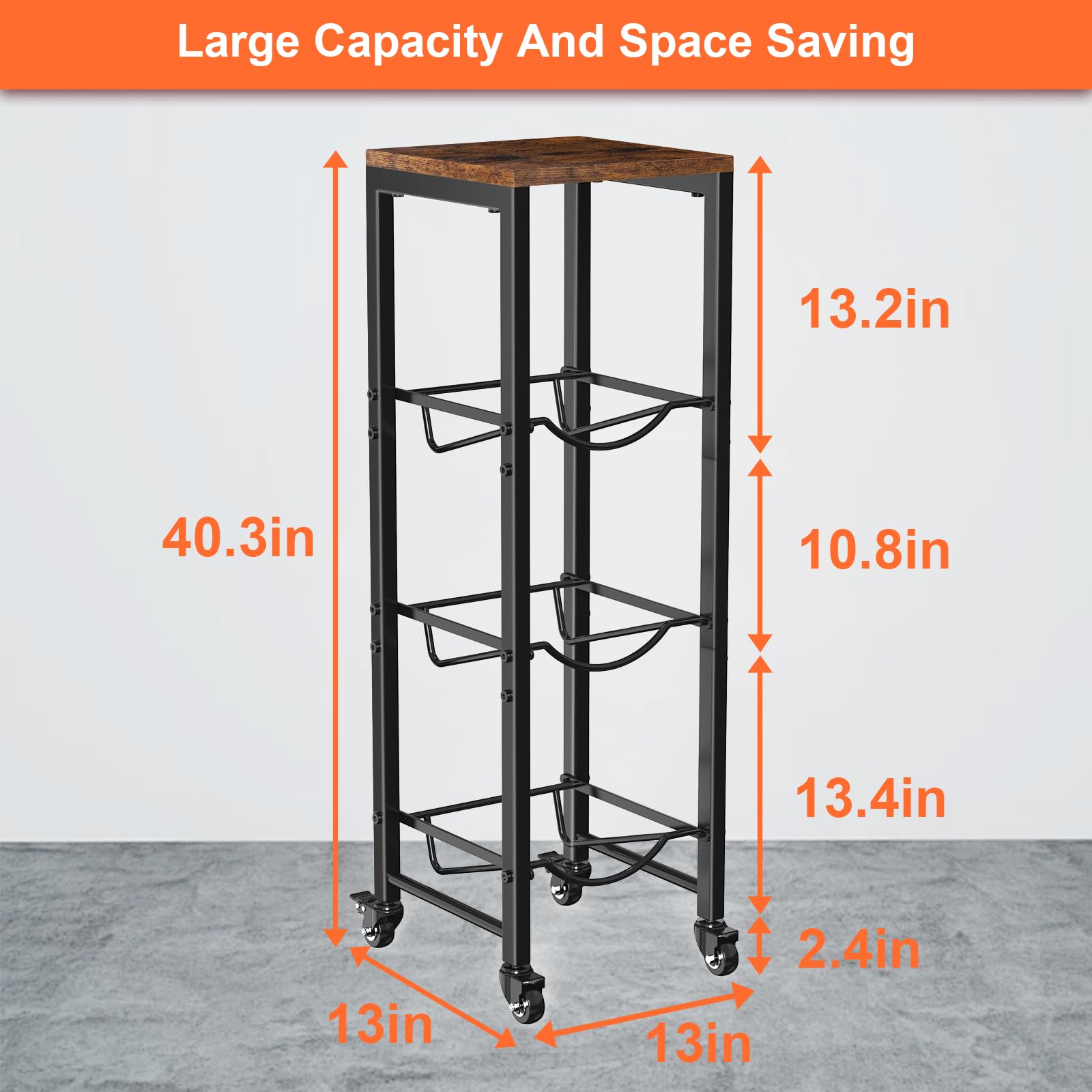 5 Gallon Water Bottle Jug Holder 3-Tier Water Bottle Holder Organizer with Lockable Casters Heavy Duty Water Storage Rack Water Dispenser Stand With Wood Top Shelf for Kitchen Office Garage Brown