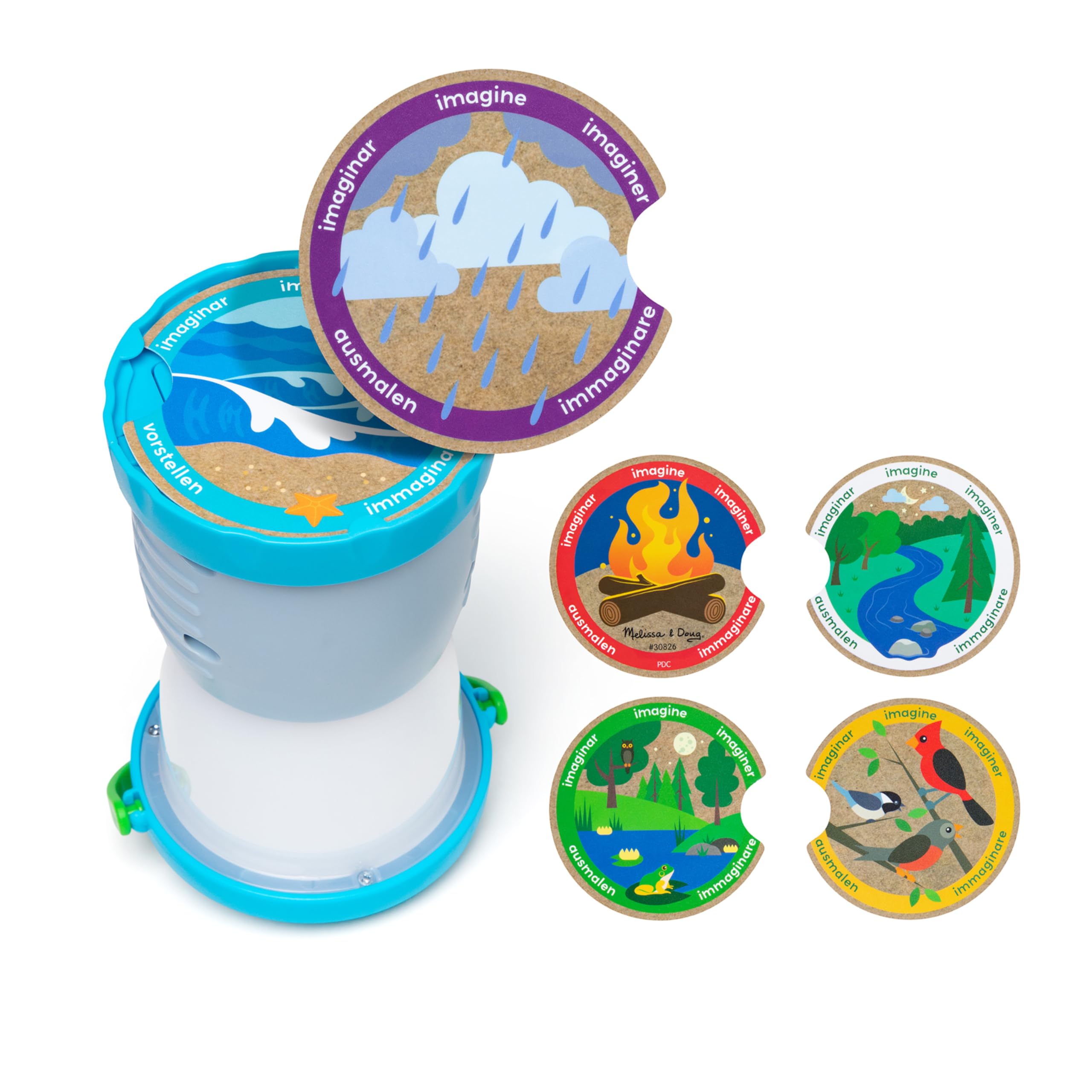 Melissa & Doug Let’s Explore Light & Sound Camping Lantern Play Set, lantern, 3 double-sided cards to set the scene (cards store in bottom of lantern), collectible medallion