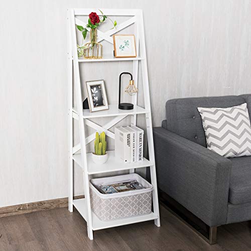 Tangkula 4-Tier Ladder Shelf Bookcase Leaning Free Standing Wooden Frame Decor Bookshelf Storage Flower Shelf Plant Display Shelf for Home Office (White, 2)