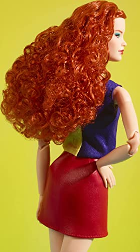 Barbie Looks Doll with Curly Red Hair Dressed in Color Block Top and Glossy Pleather Skirt, Posable Made to Move Body