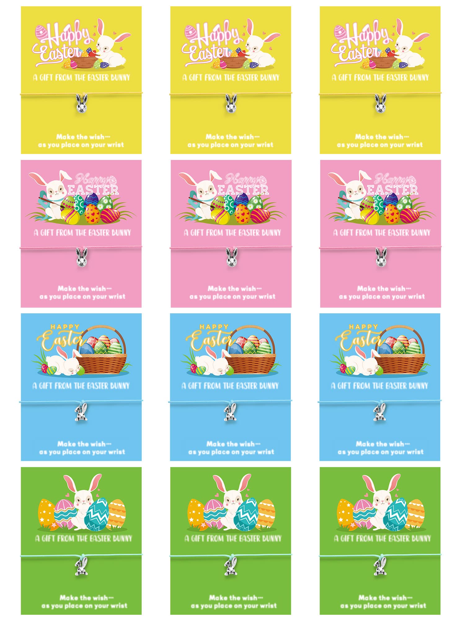 36 Pcs Easter Bracelets Easter Bunny Cards Set, Easter Bunny Charm Bracelets Adjustable Rope Rabbit Friendship Bracelets Cute Funny Easter Jewelry for Kids Women Girls Easter Gifts