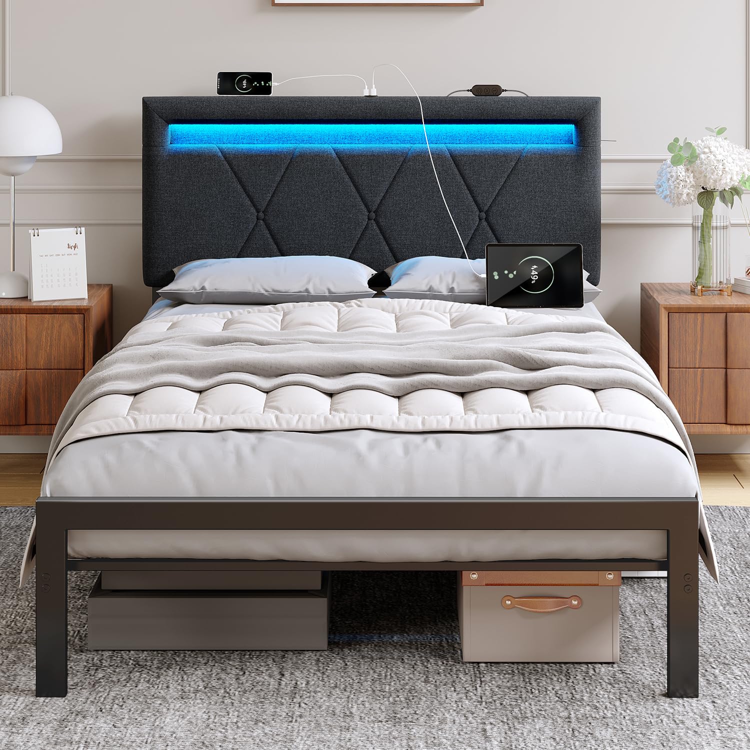 ROCHECASA Queen Bed Frame with Charging Station and LED Lights, Upholstered Bed with Height Adjustable Headboard, Noise Free, Easy Assembly, Dark Grey