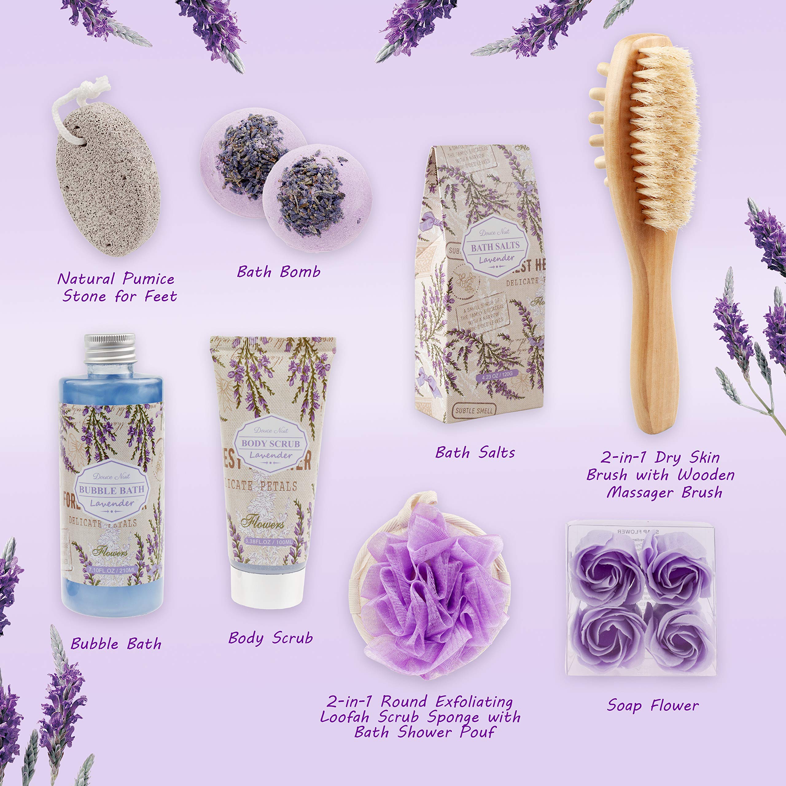 Luxury Spa Gift Baskets for Women in Lavender Essential, Christmas Birthday Gifts for Mom, 18pcs Bath Body Home Spa for Pampering Self Care with Bubble Bath Lotion Massager Roller Loofah scrubber