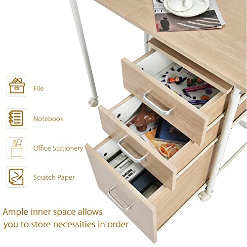 Tangkula Folding Computer Desk with 3 Storage Drawers, Mobile Home Office Desk Study Writing Desk with Smooth Wheels, Space Saving Compact Desk for Dorm Apartment, Rolling Folding Desk Table