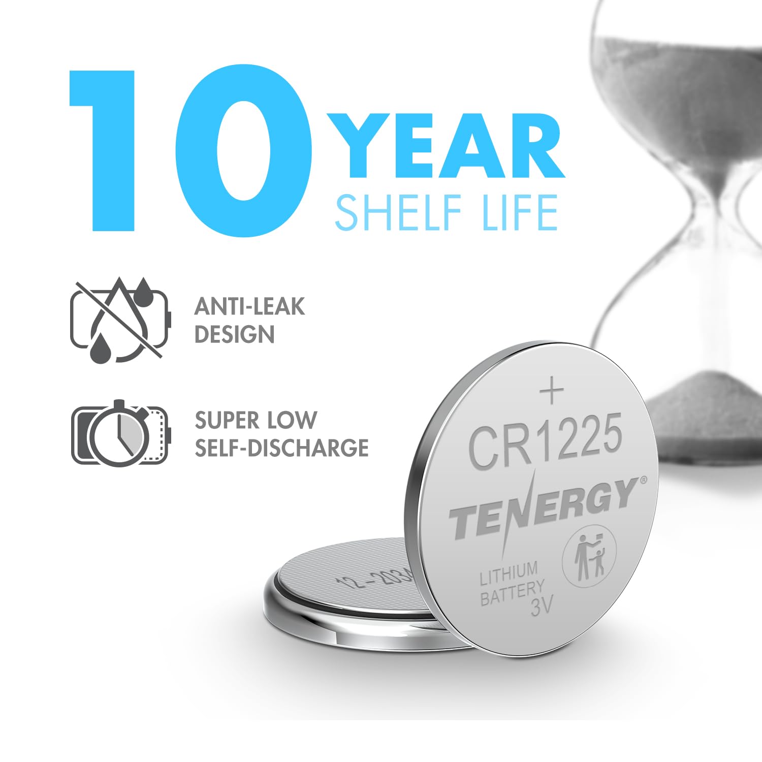 Tenergy 3 Volt Battery CR1225, Button Cell Batteries, Ideal for Thermometers, Key Fobs, Laser Pointers, Medical Devices, Calculators, and More, 5 Pack