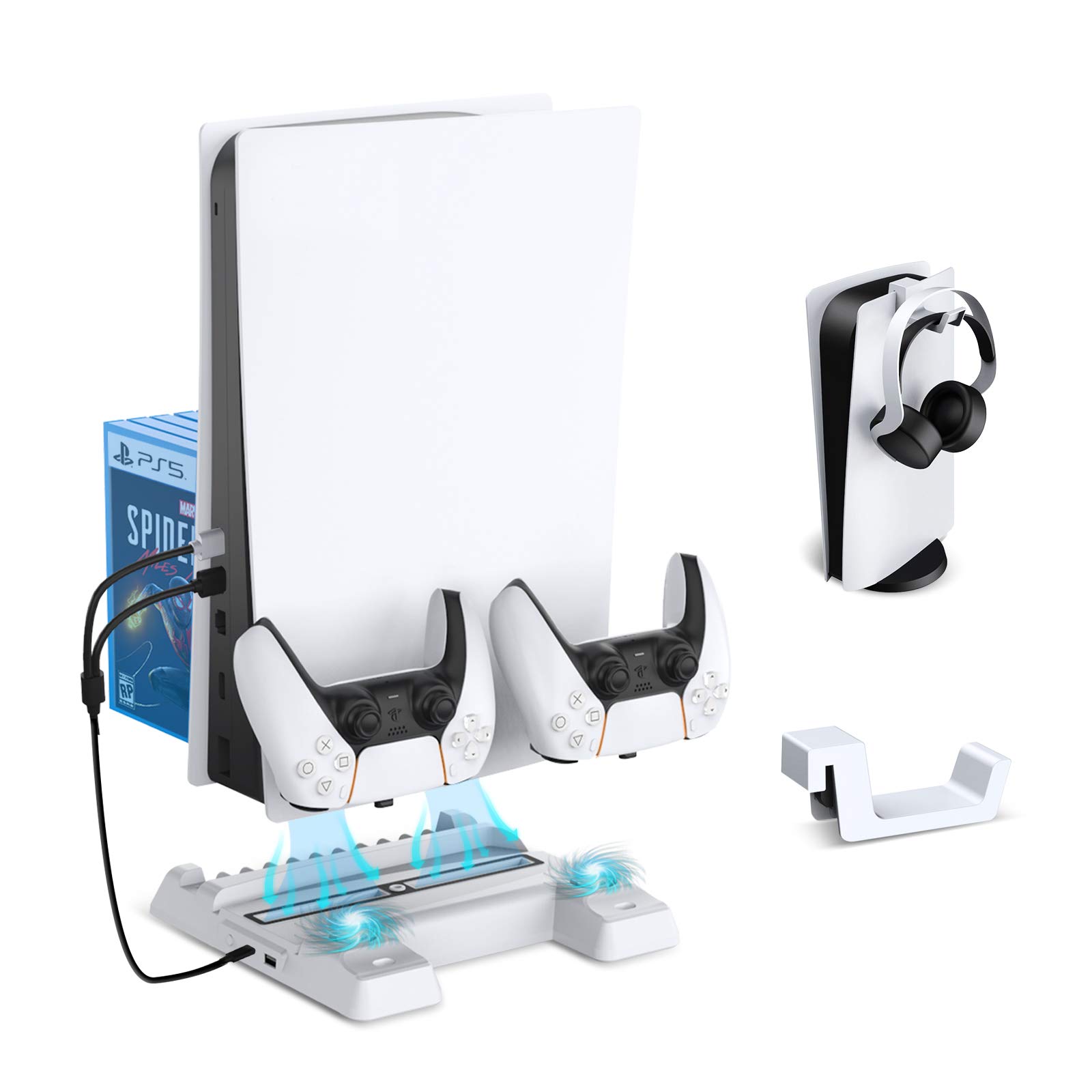 BEJOY Multifunctional Vertical Stand with Headphone Stand, 3-Level Rotate Fans Speed, Dual Type-C PS5 Charging Station with Gaming Headset Holder, 11 Games Boxes Storage, Whiteā¦