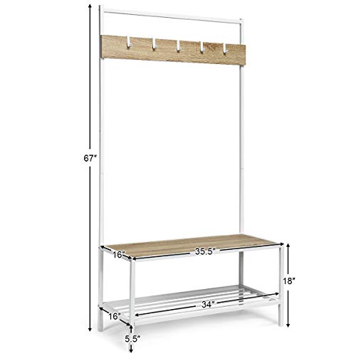 Tangkula Hall Tree with Bench and Shoe Storage, 3-In-1 Industrial Entryway Bench with Coat Rack, Wood Look Coat Rack Shoes Bench Storage Organizer for Home & Office, Coats/Hats/Shoes (Coffee)