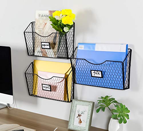 PAG 3 Pockets Hanging File Holder Wall Mount Mail Organizer Metal Chicken Wire Magazine Rack with Tag Slot, Black