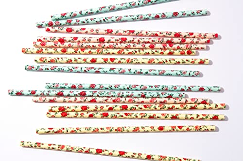 75-Pack Biodegradable Floral Paper Straws - Pink, Blue, Yellow - Vintage Flower & Rose Design - Eco-Friendly Disposable Straws for Parties by JPACO