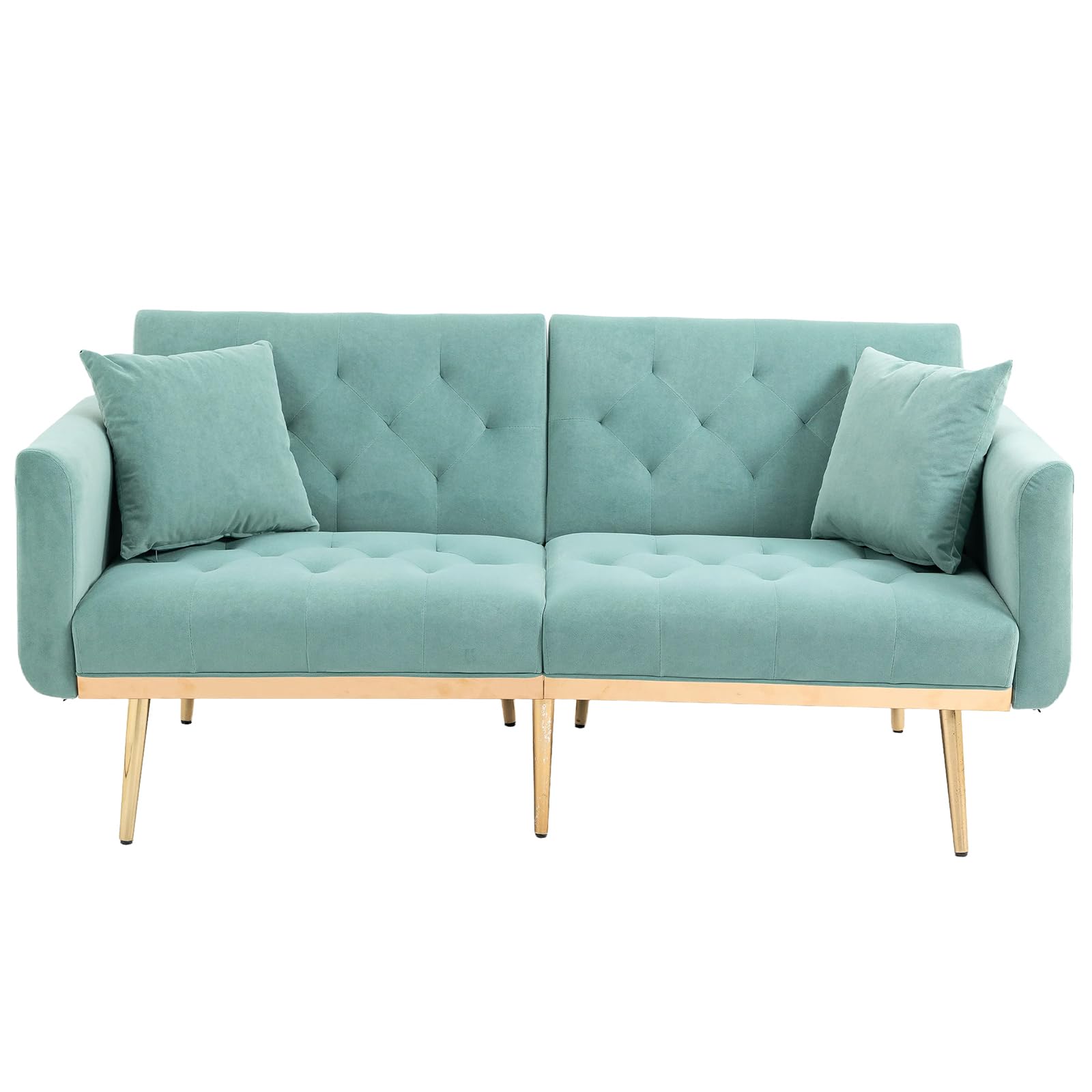 EXZLFA Velvet Sofa Couch,Convertible Sleeper Sofa Bed with Gold Metal Legs and 2 Pillows,Folding Futon Accent Upholstered Loveseat for Living Room Bedroom Office (Mint Green Polyester)