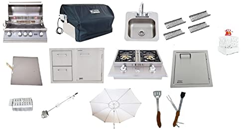 AMS Fireplace Lion BBQ Package Gas Grill 32", Double Side Burner, Door Drawer Combo, Vertical Door, Sink with Faucet and Accessories (Liquid Propane) | Free Table-top Bio Ethanol Fire Pit.