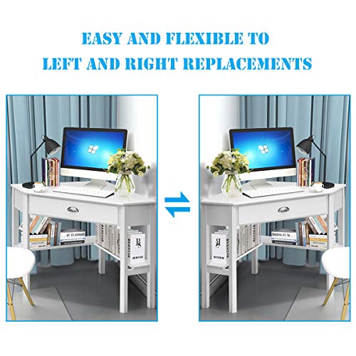 Tangkula White Corner Desk, Corner Computer Desk with Drawer for Small Space, Small Corner Makeup Vanity Desk, 90 Degrees Triangle Corner Desk with Storage Shelves