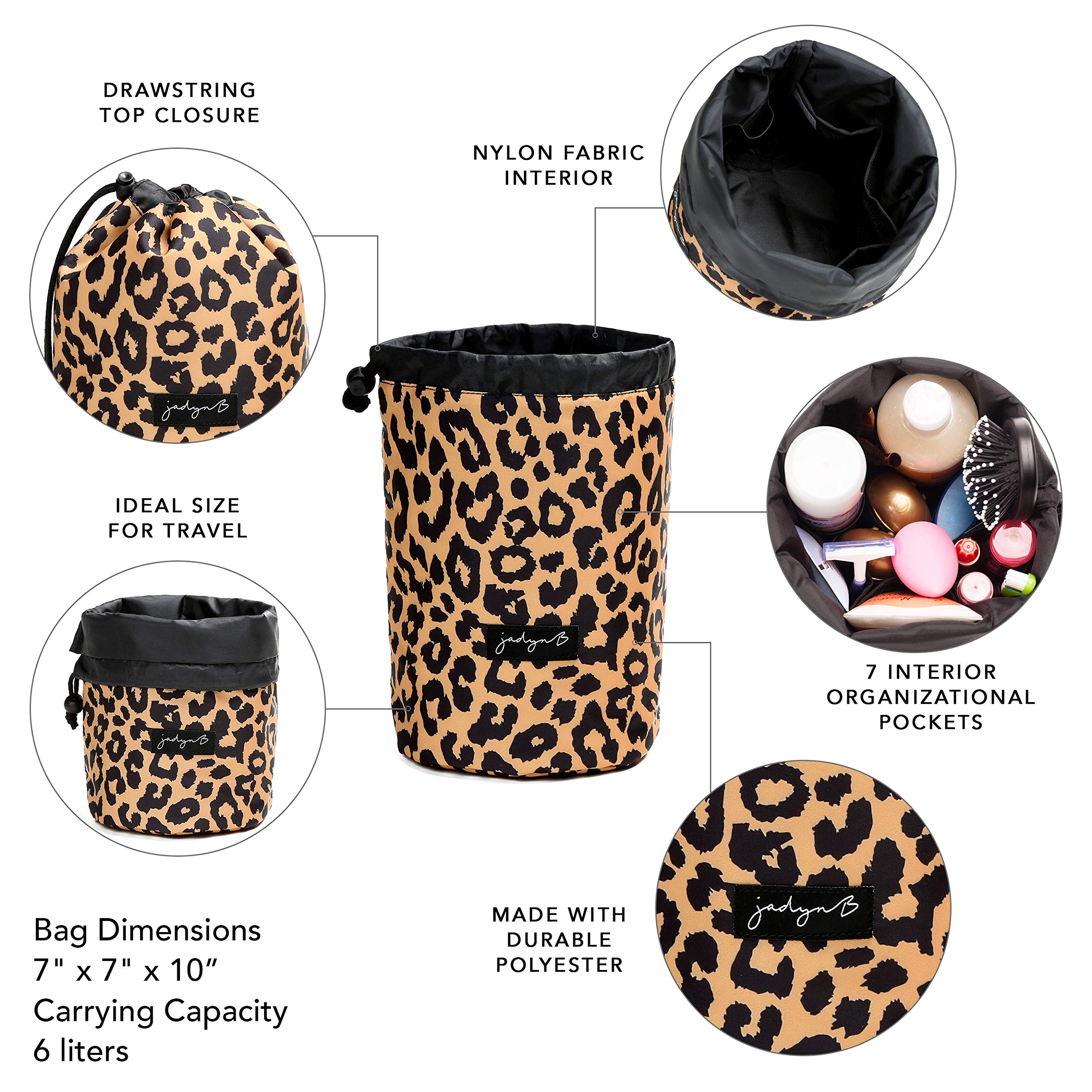 Jadyn Durable Cinch Top Makeup Organizer - Compact Travel Makeup Bag - 7 Interior Pockets for Cosmetics - Drawstring Toiletry Travel Bag for Women - 6L Storage Capacity - (Leopard)