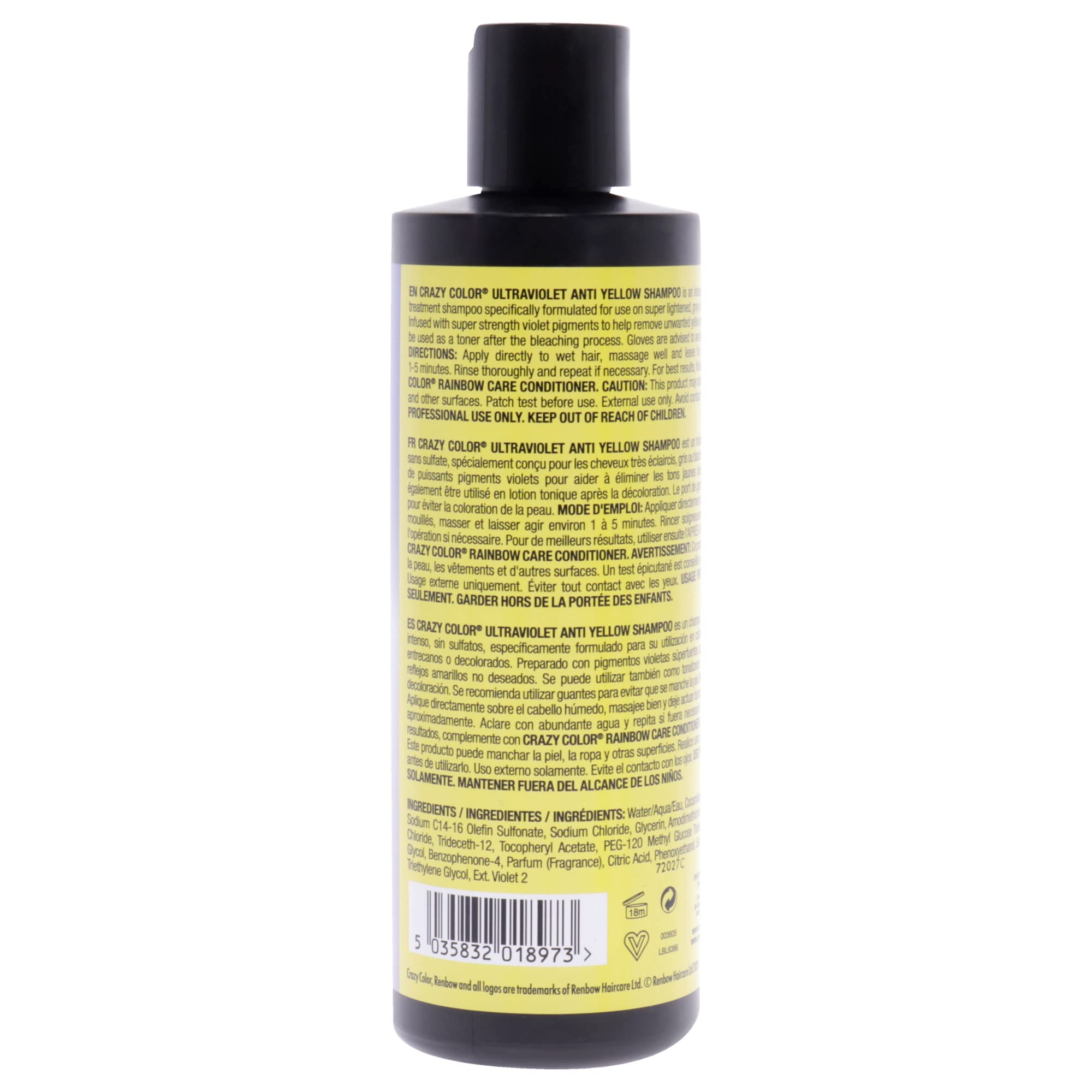Crazy Color Purple Shampoo - Eliminates Brassy Tones for Light Blonde Hair - Ultraviolet Sulfate-Free Shampoo with Purple Undertones - 250ml