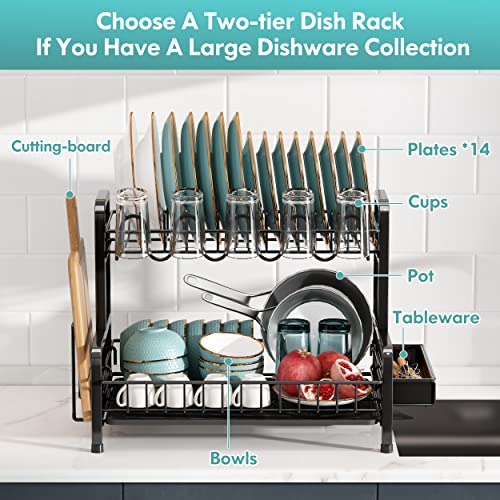 BOOSINY Dish Drying Rack and Drainboard Set for Kitchen Counter, 2 Tier Large Stainless Steel Sink Organizer Dish Racks with Cups Holder, Utensil Holder, Dish Strainer Shelf (Black)