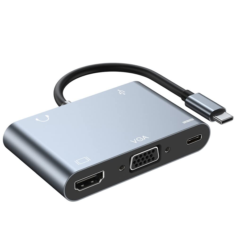 5 in 1 Type-C Docking Station USB-C Hub Adapter with USB3.0 USB-C PD 100W 4K HDMI-Compatible 1080P VGA 3.5mm Audio for PC Computer Laptop BYL-2002