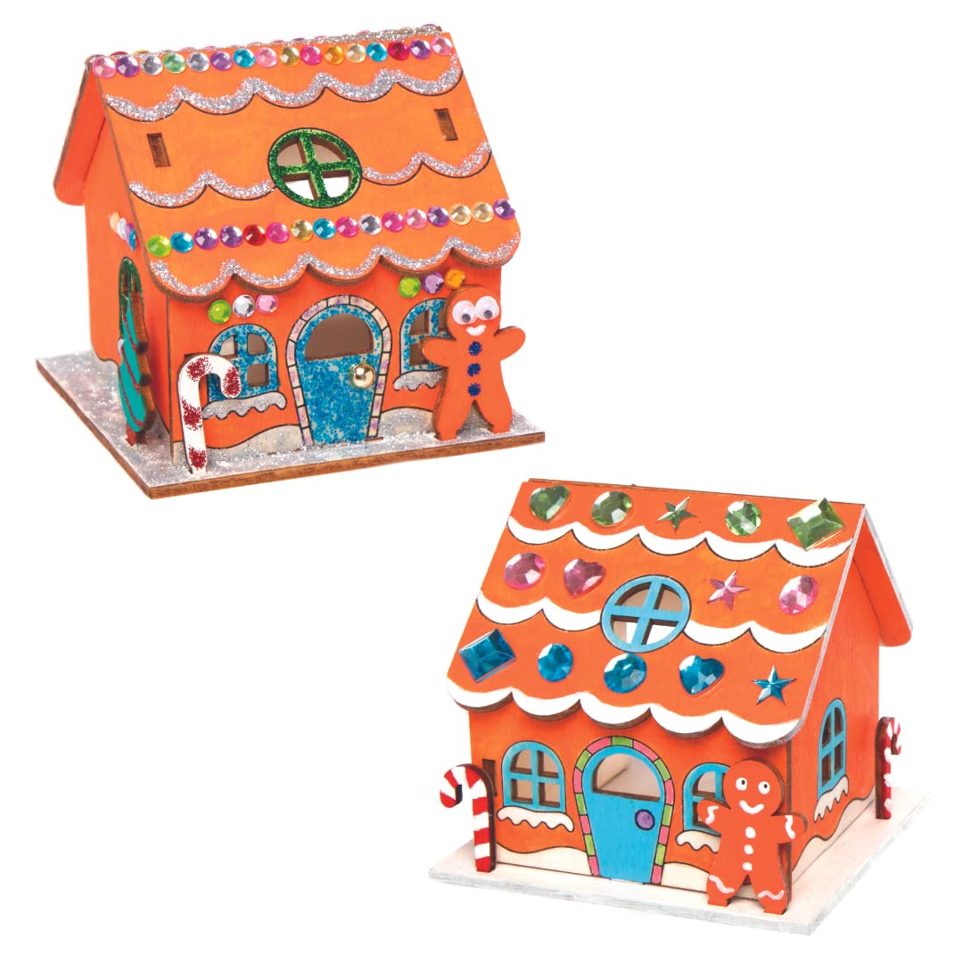 Baker Ross AX364 Gingerbread House Wooden Tealight Holder Kits - Pack of 3, Decorate and Display for Christmas Decorations, Ideal Kids Arts and Crafts Project