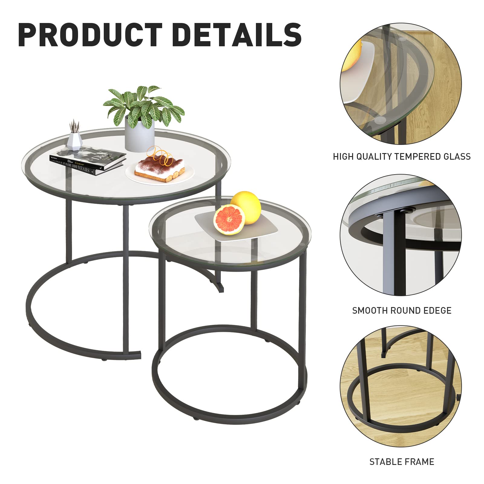 Azheruol Nesting Coffee Table Set of 2,Modern Black Tempered Glass Side Table, Metal Frame Round End Table.Small Glass Tea Table for Living Room,Bedroom Studio Apartment Essentials,17.7IN