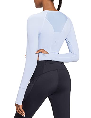 BALEAF Women's Workout Top Long Sleeve Crop Top Athletic Cropped Pullover for Running Gym Yoga Blue M
