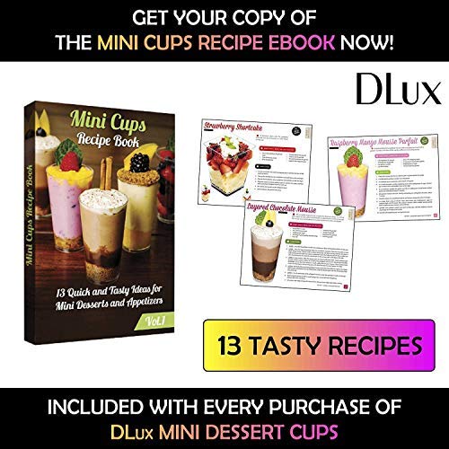 DLux 100 x 2 oz Mini Dessert Cups with Spoons, Square Short - Clear Plastic Parfait Appetizer Cup - Small Reusable Serving Bowl for Tasting Party Desserts Appetizers - With Recipe Ebook