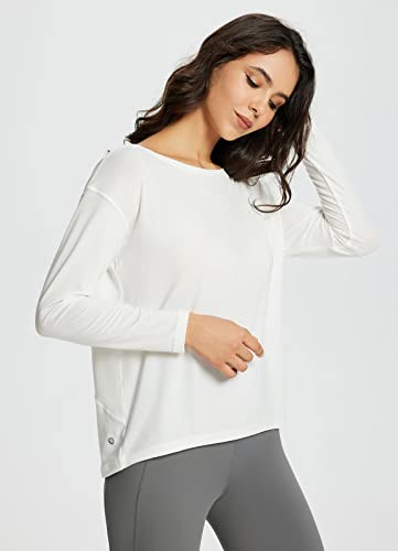 BALEAF Womens Long Sleeve Workout Tops Shirts Loose Fit Quick Dry Athletic Yoga Tee Shirts Lightweight Casual Fall White M