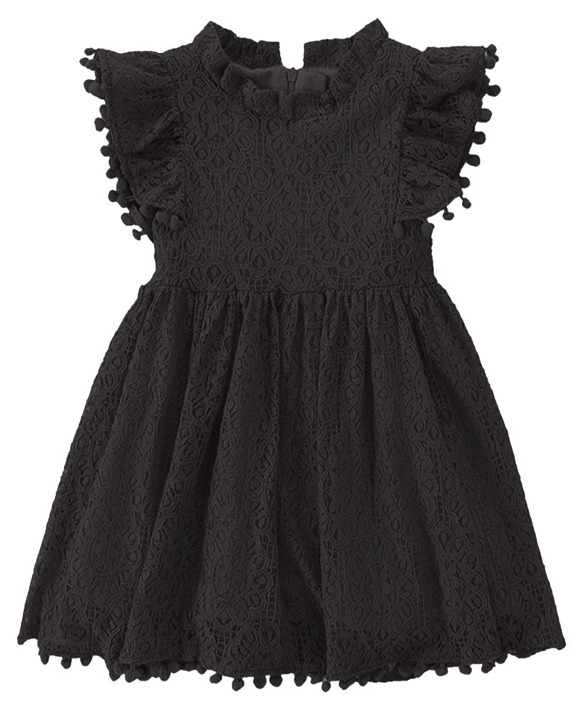 RJXDLT Toddler Girls Elegant Lace Pom Pom Flutter Sleeve Party Princess Dress 5 Years Black 382