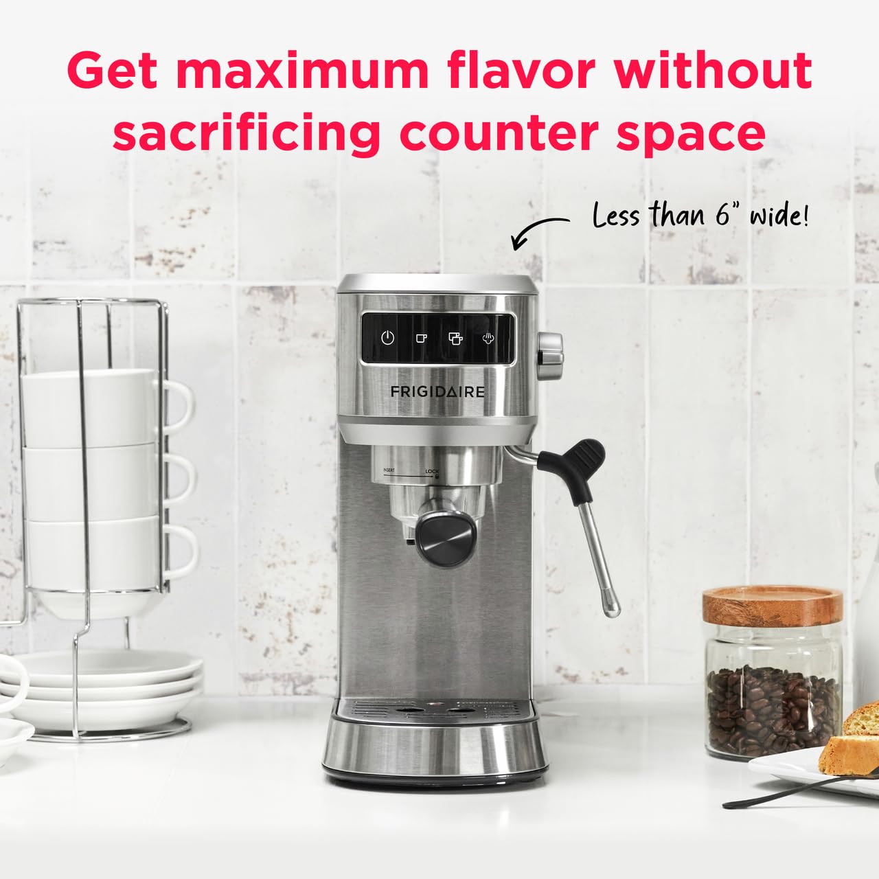 Frigidaire 20 Bar Small Espresso Machine with Milk Frother and Tamper - Makes Cappuccinos, Lattes, and More, Stainless Steel