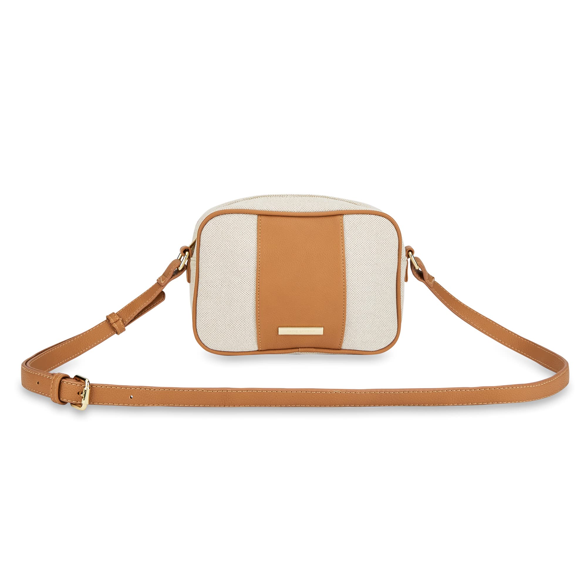 KATIE LOXTON Amalfi Womens Medium Canvas and Vegan Leather Adjustable Strap Crossbody Handbag Purse Cream and Brown