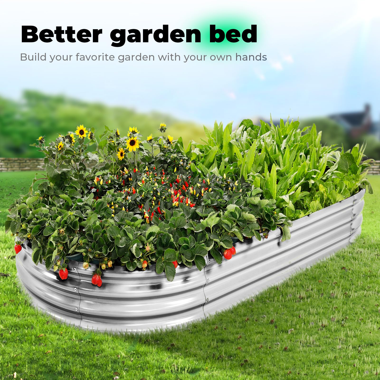 AHEONLAR Galvanized Raised Garden Bed Kit, Oval Large Metal Planter Box, Sturdy and Durable, Garden Boxes Outdoor Raised for Vegetables, Fruits, Flowers and Herbs, 4x2x1ft (Silver)