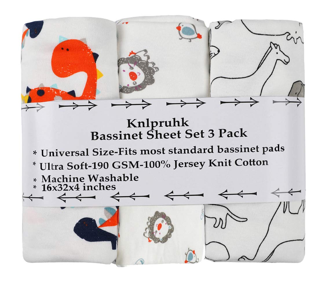Jersey Cotton Bassinet Sheet Set 3 Pack Fitted Cradle Sheets, Ultra Soft Stretch 190 GSM, for Baby Boy, Universal Fit Rectangle Oval Hourglass Bassinet Mattress, Dinosaur Elephant Koala