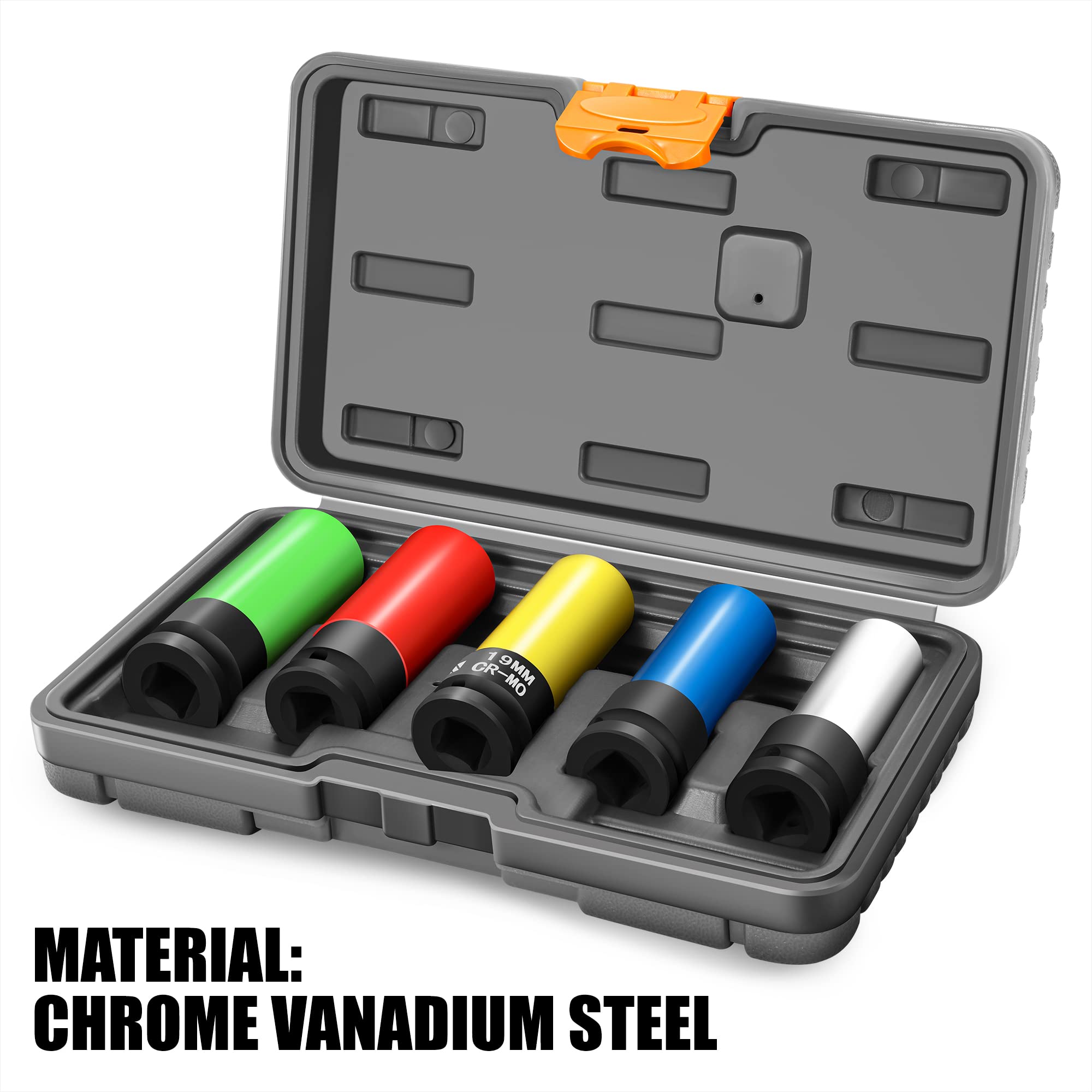 DNA MOTORING TOOLS-00156 5-Pieces 1/2-Inch Drive Wheel Protector Impact Deep Socket Set - 15mm 17mm 19mm 21mm 22mm, Cr-V, White,blue,red,yellow,green
