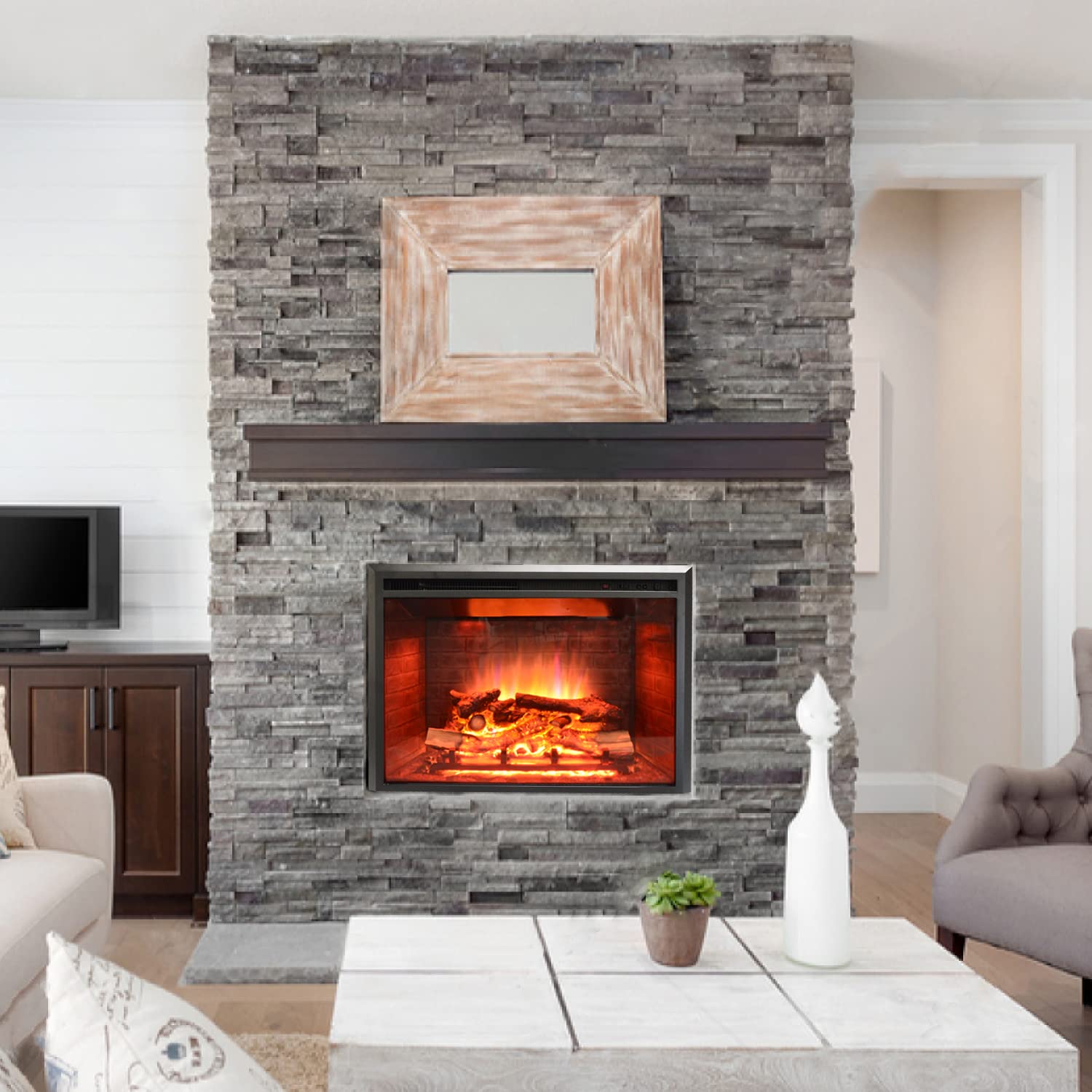26 inch Western Electric Fireplace Insert, Heater, Recessed Mounted with Fire Crackling Sound, Remote Control, 750/1500W, Black
