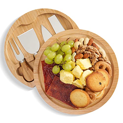 Bamboo Cheese Board and Knife Set,Round Charcuterie Board Set with 4 Knives,Cheese Board Set with Slide-Out Drawer,House Warming Gifts New Home
