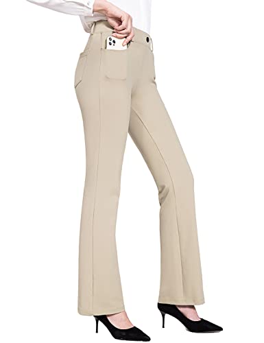 BALEAF Womens Yoga Dress Pants, Bootcut Stretchy Work Slacks Business Casual Pull on Office Trousers with Pockets 31", B Khaki Bootcut, X-Large