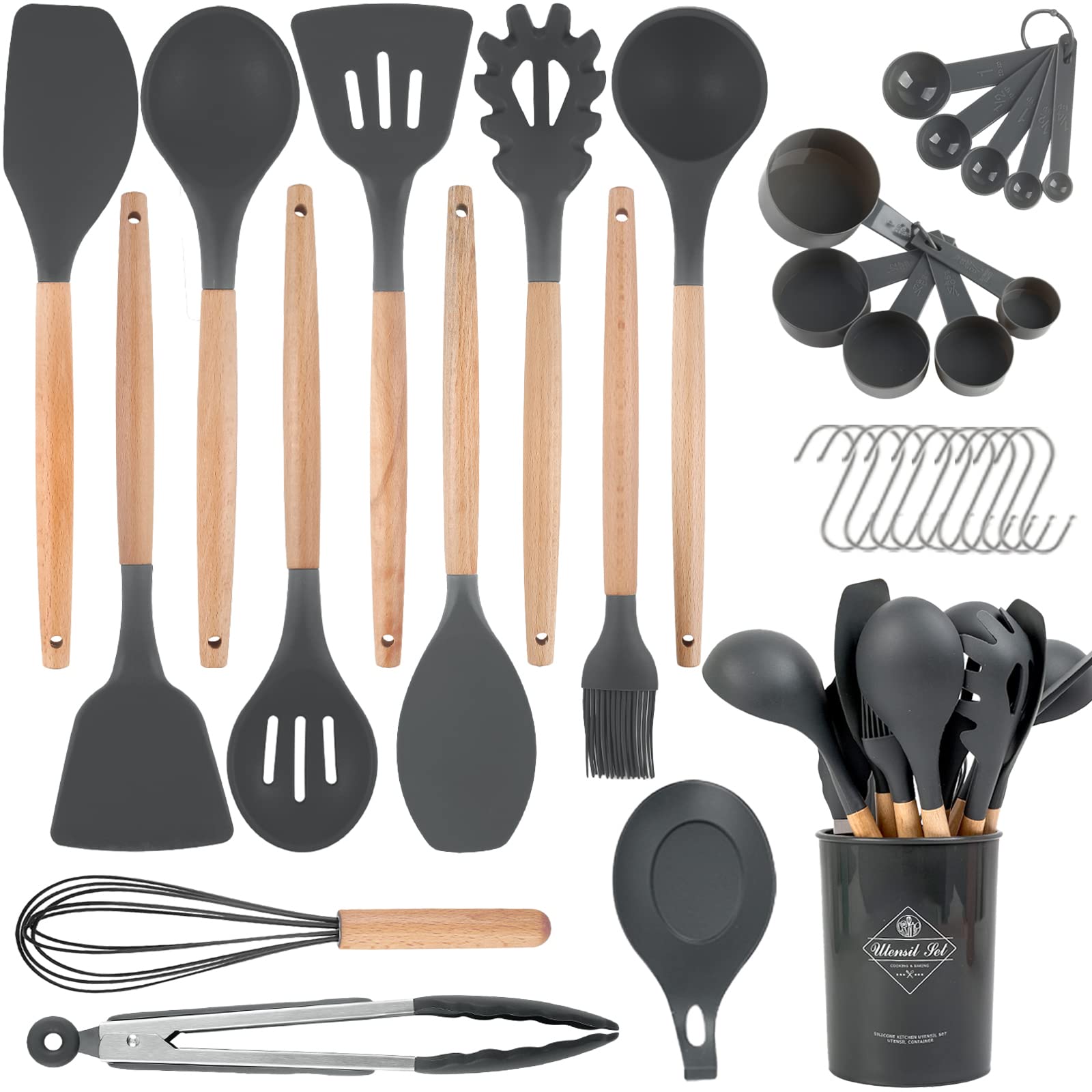 33 Pcs Cooking Utensils Set, Heat Resistance Silicone Kitchen Utensils Set with Holder, Non-stick Silicone Spatula Spoon Kitchen Gadgets Utensils Set with Natural Wooden Handle(Grey)